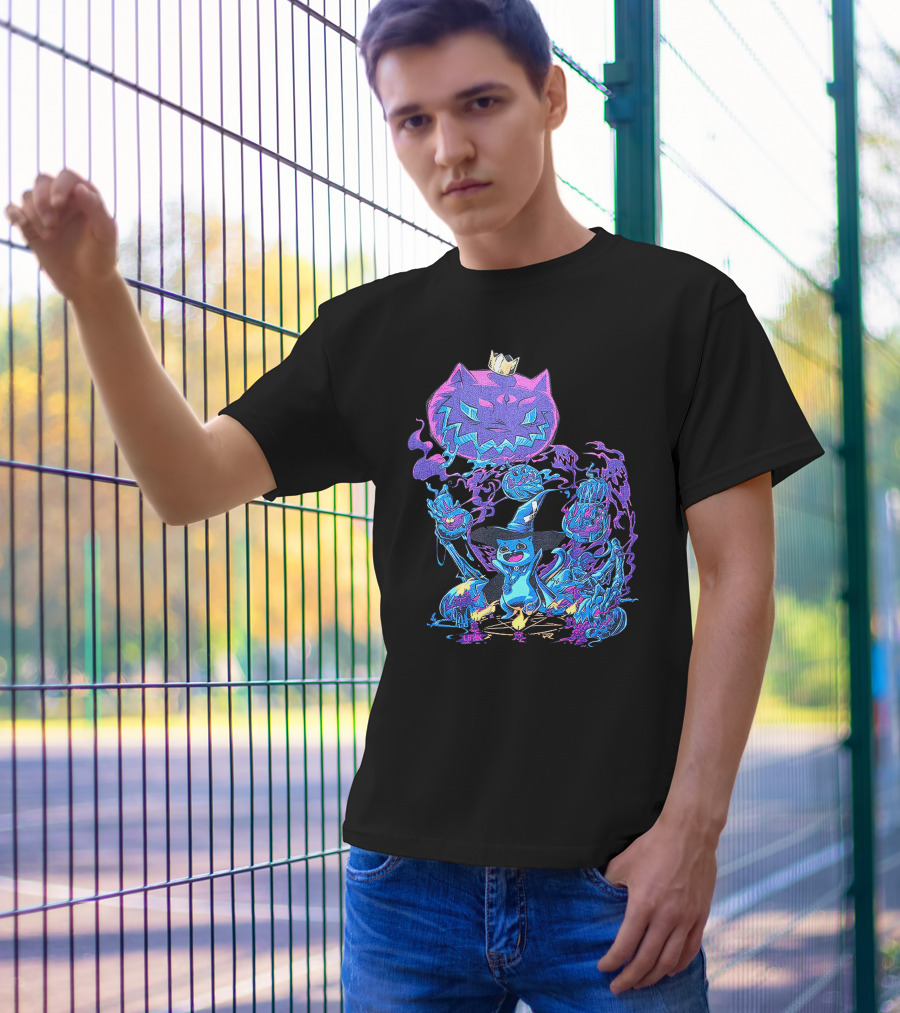 LIRIK HALLOWEEN Cat Wizard With Crown And Glowing Pumpkins T-Shirt
