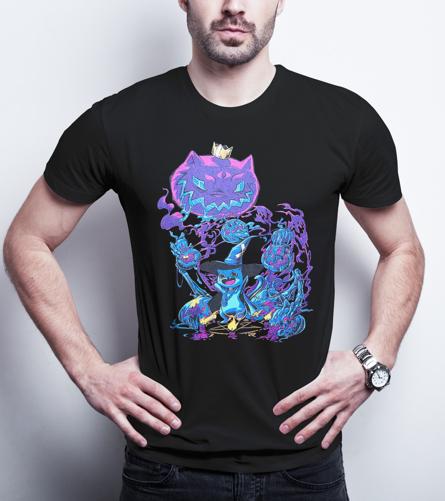 LIRIK HALLOWEEN Cat Wizard With Crown And Glowing Pumpkins T-Shirt