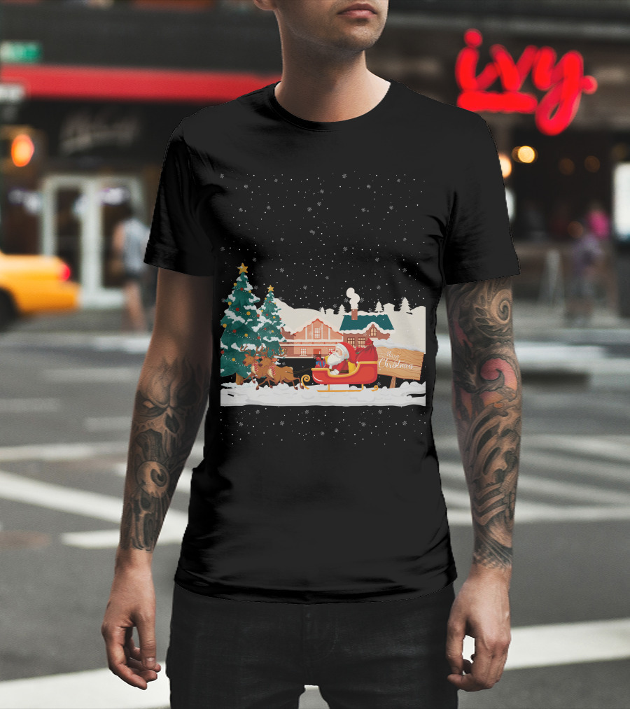 Merry Christmas Santa Claus Reindeer Sleigh Winter Scene T-Shirt