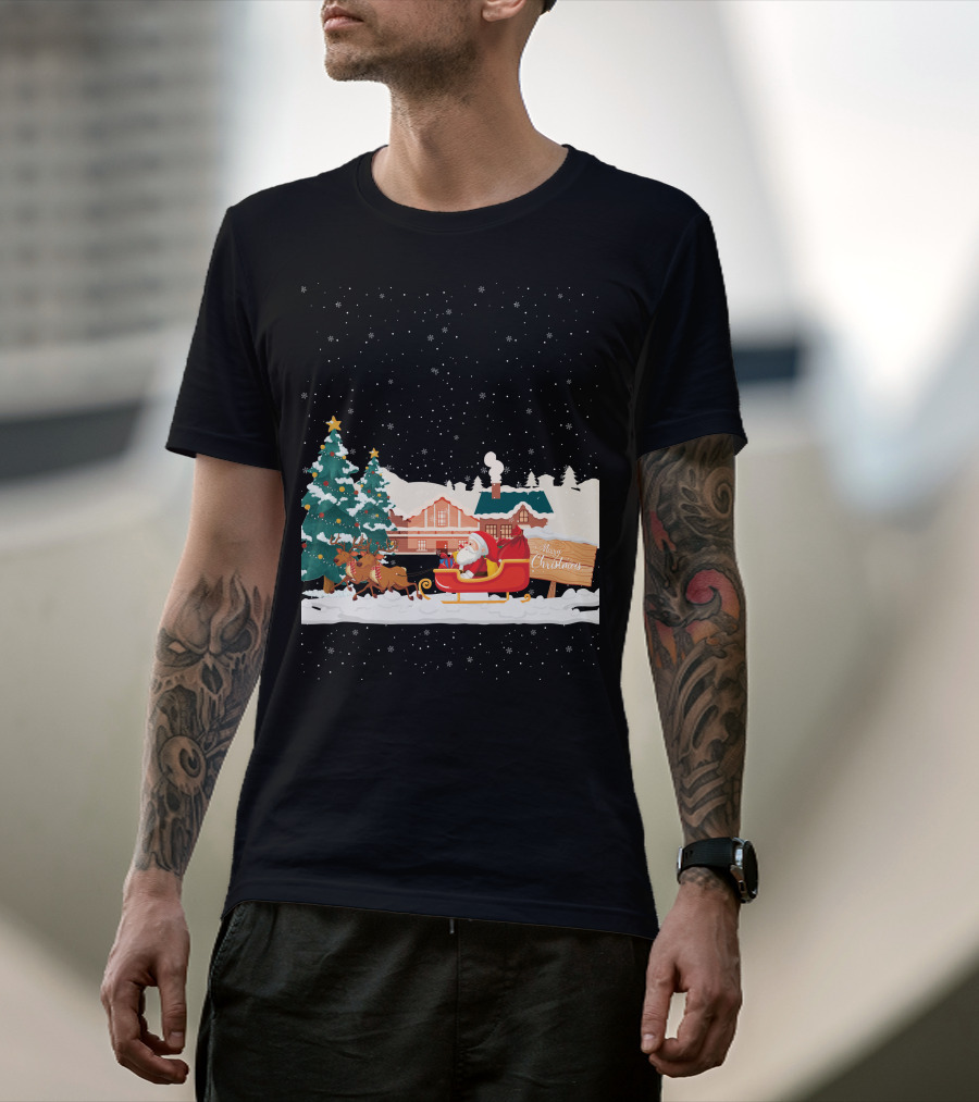 Merry Christmas Santa Claus Reindeer Sleigh Winter Scene T-Shirt