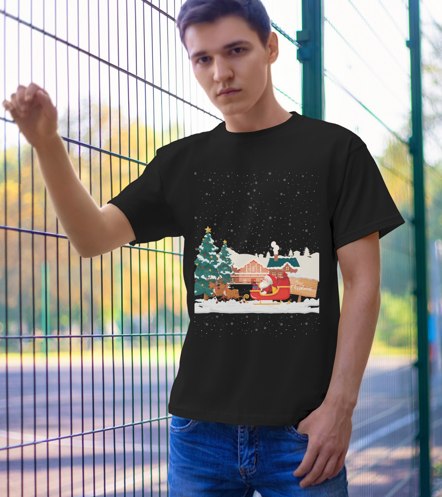 Merry Christmas Santa Claus Reindeer Sleigh Winter Scene T-Shirt