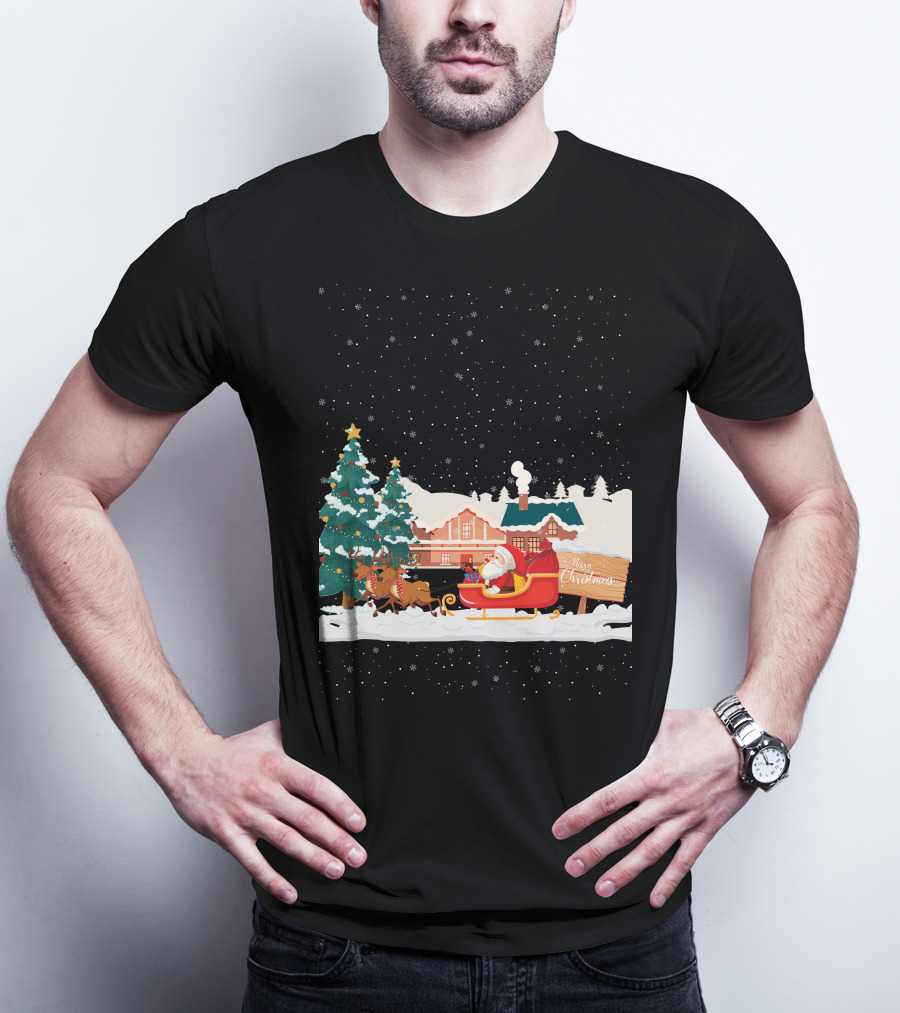 Merry Christmas Santa Claus Reindeer Sleigh Winter Scene T-Shirt