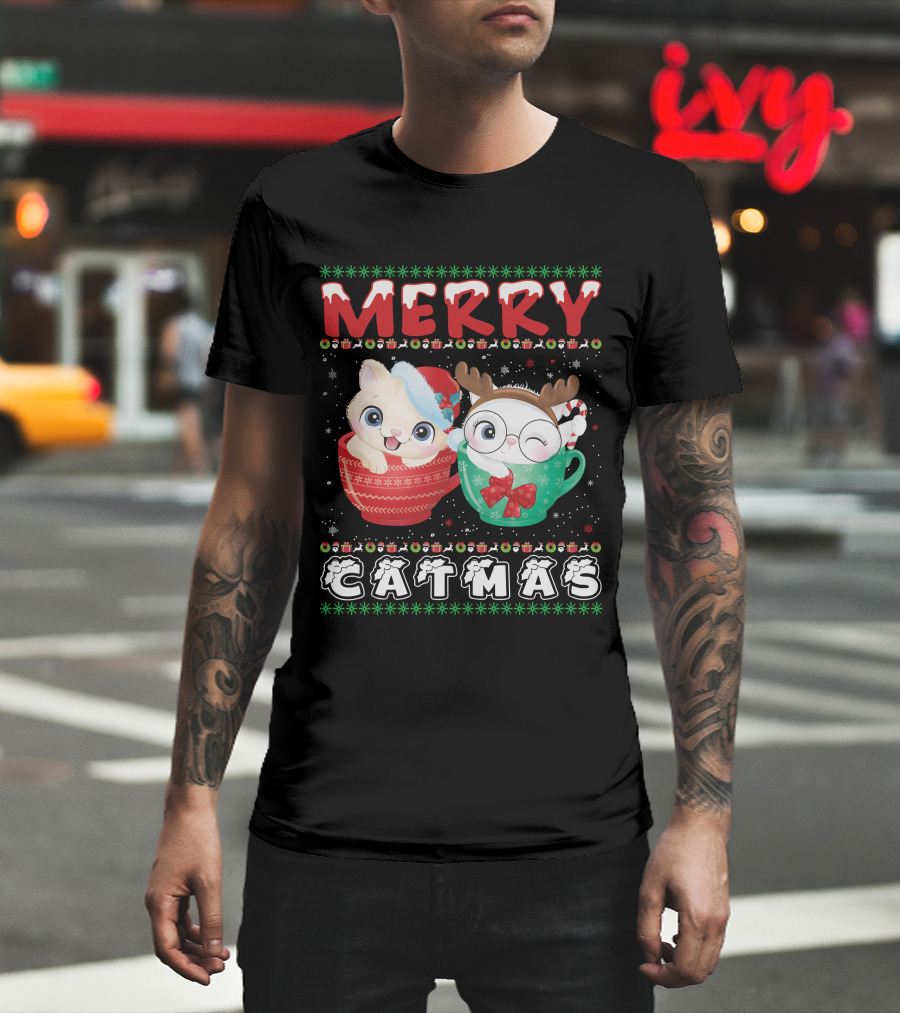 Merry Catmas With Festive Cats In Holiday Mugs T-Shirt