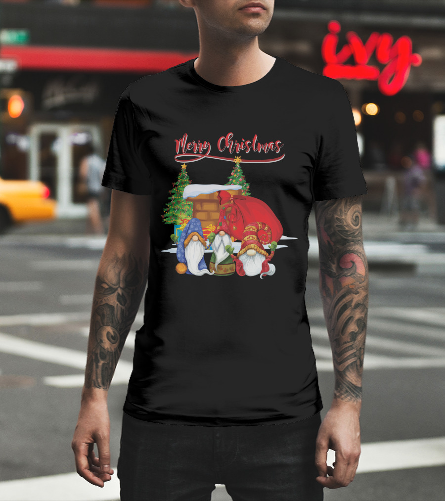 Merry Christmas Funny Gnomes With Santa's Sack And Festive Trees T-Shirt