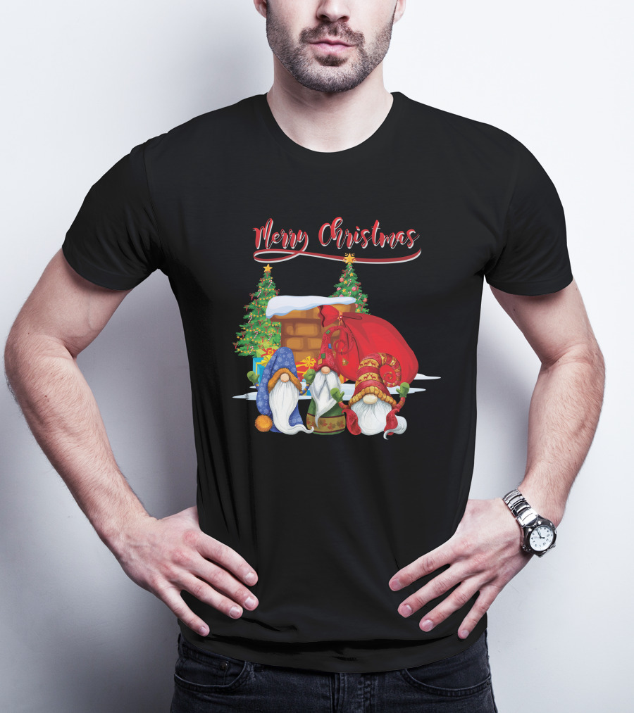 Merry Christmas Funny Gnomes With Santa's Sack And Festive Trees T-Shirt