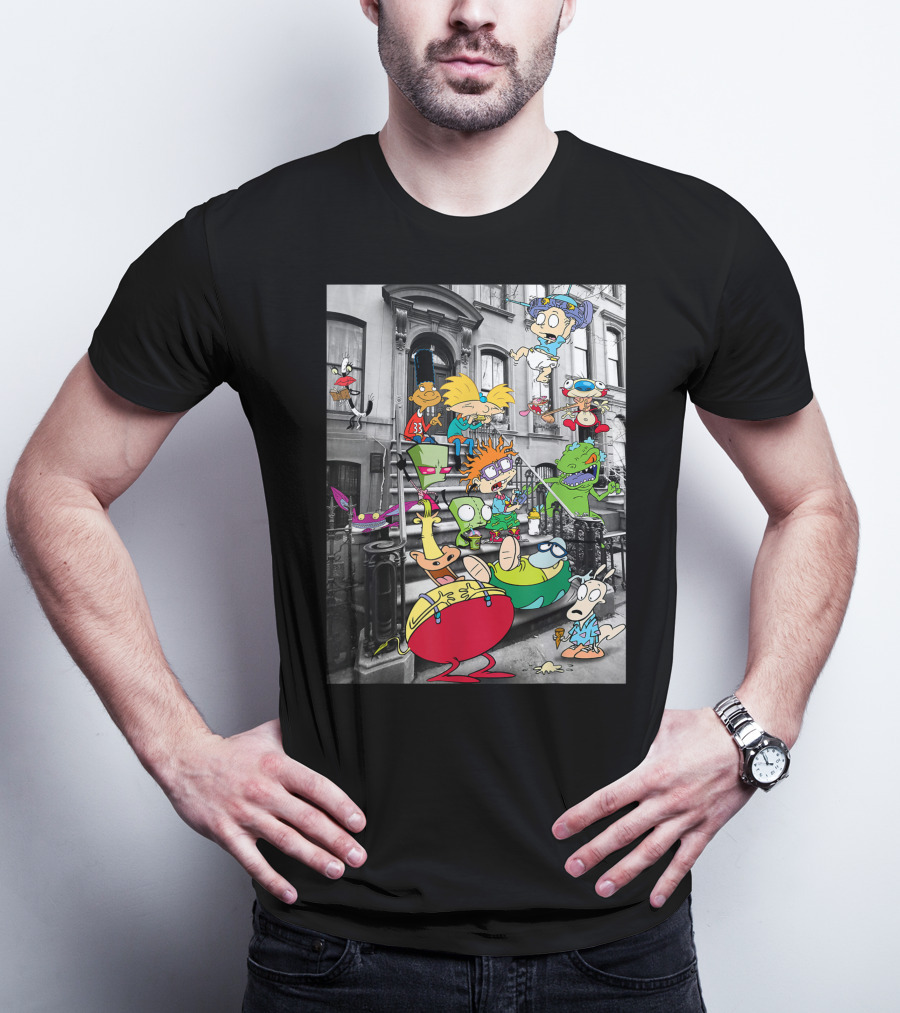 Classic Nicktoons Characters Sitting On Stoop Together In Black-and-White Background Scene T-Shirt