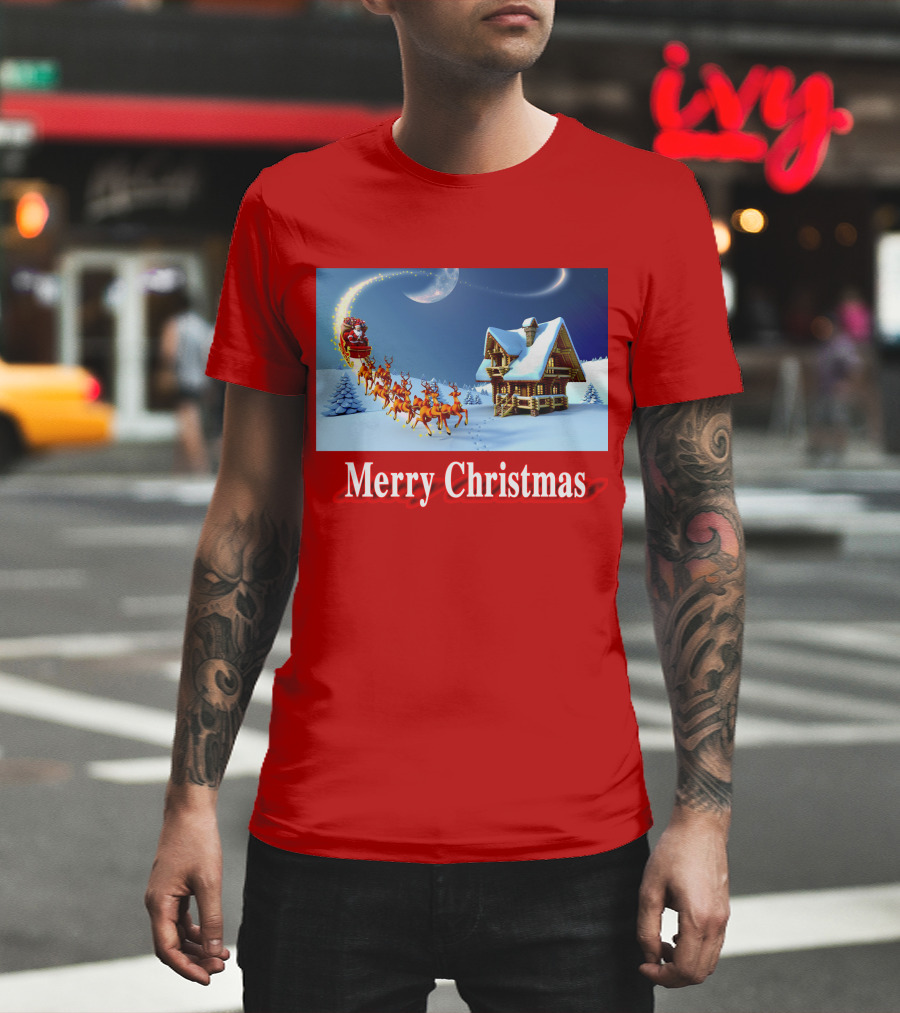 Merry Christmas Santa Sleigh Flying Over Snowy Cabin Scene T-Shirt