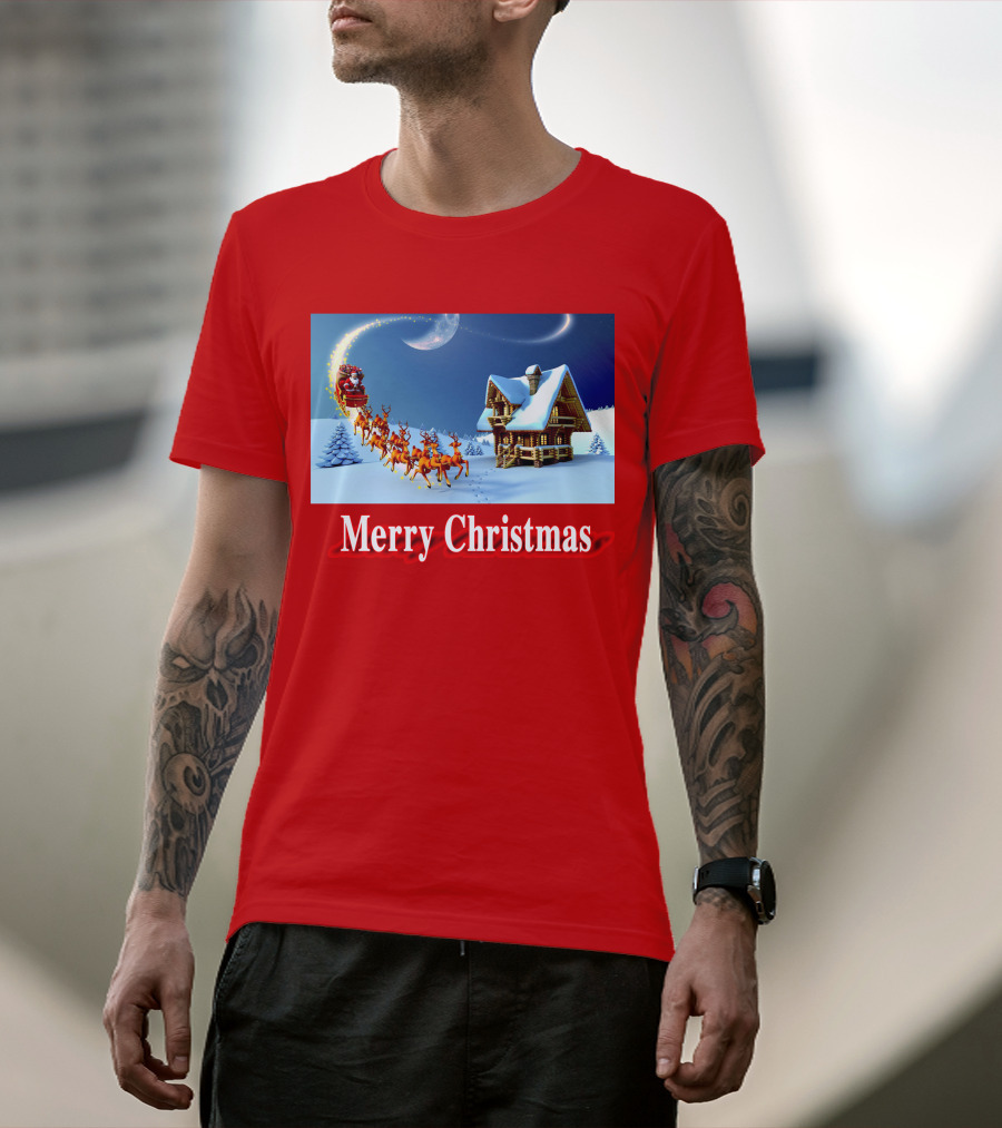 Merry Christmas Santa Sleigh Flying Over Snowy Cabin Scene T-Shirt