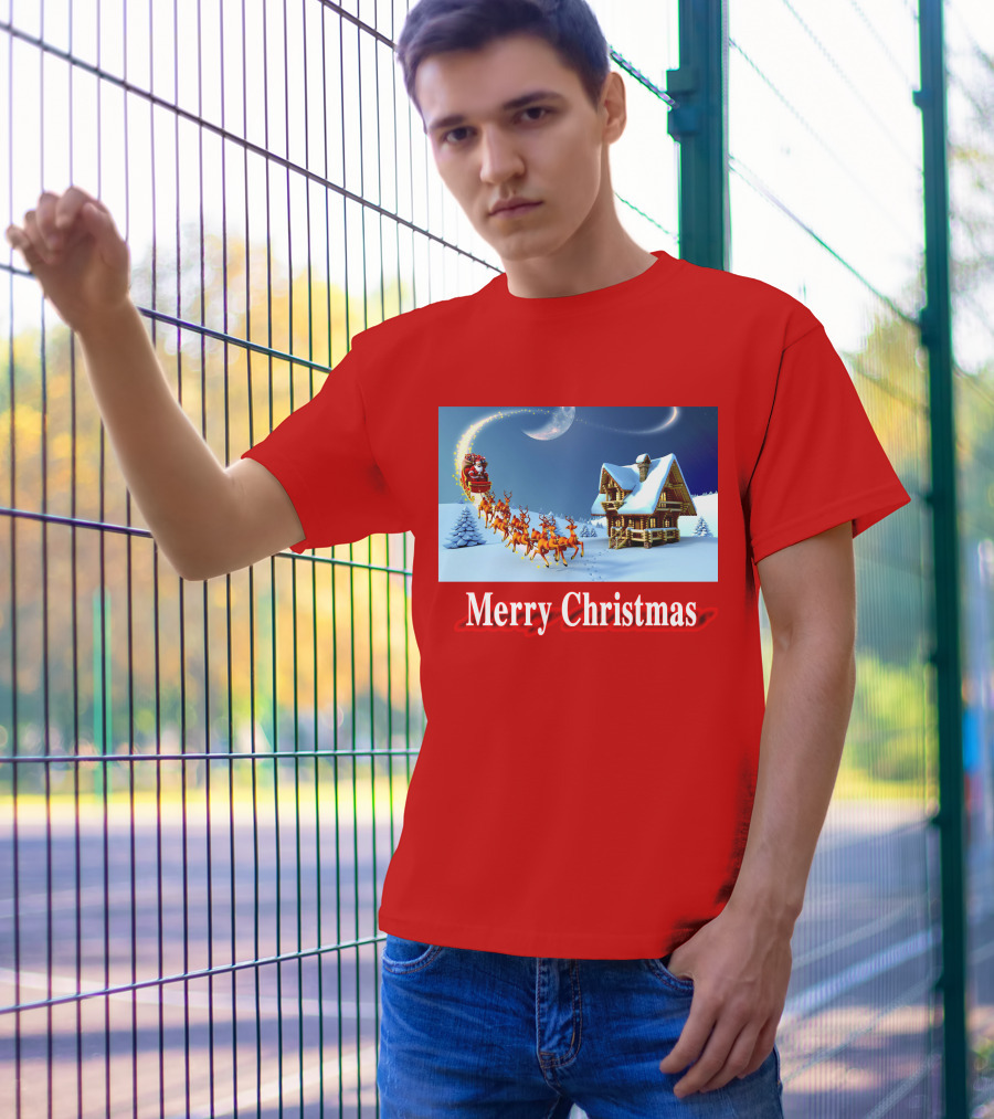 Merry Christmas Santa Sleigh Flying Over Snowy Cabin Scene T-Shirt