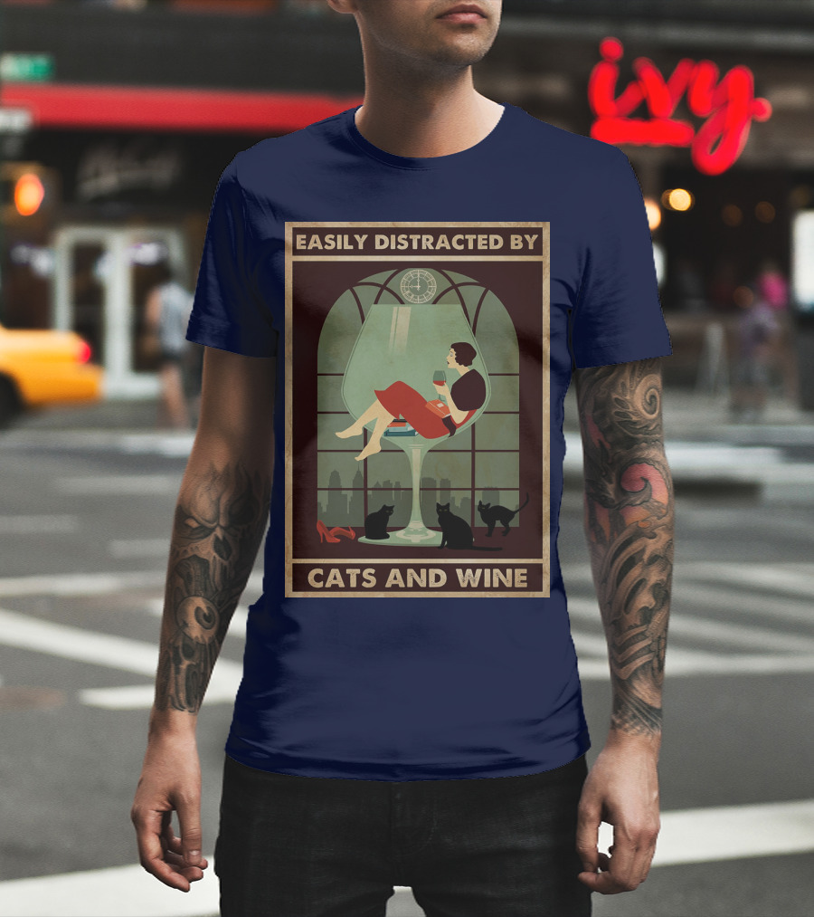 Easily Distracted By Cats And Wine Art Deco Woman In Glass With City Skyline And Cats T-Shirt