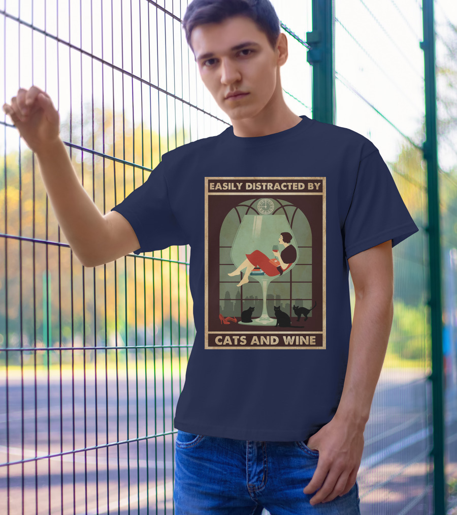 Easily Distracted By Cats And Wine Art Deco Woman In Glass With City Skyline And Cats T-Shirt
