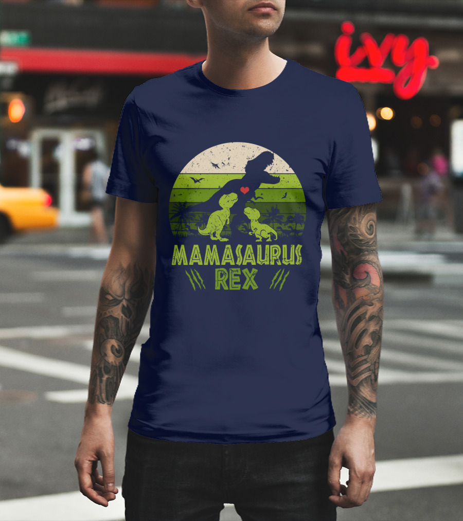 Kid Dinosaur Love For MamaSaurus Rex With Green Jungle Scene And Heart T-Shirt