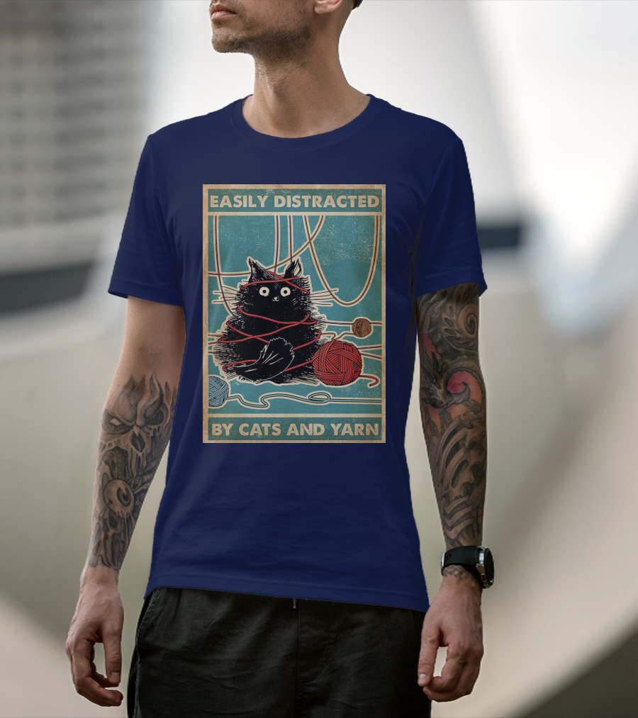 Easily Distracted Black Cat With Red Yarn And Balls Of Yarn T-Shirt