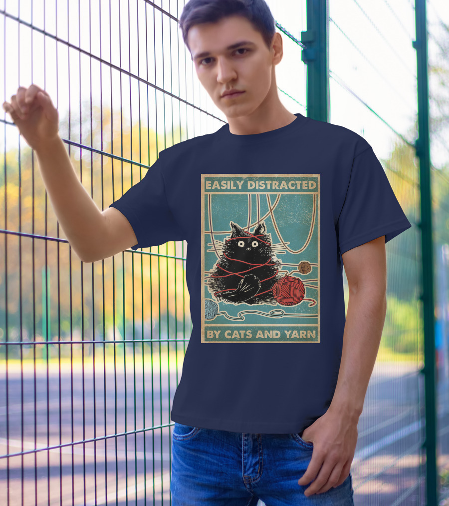 Easily Distracted Black Cat With Red Yarn And Balls Of Yarn T-Shirt