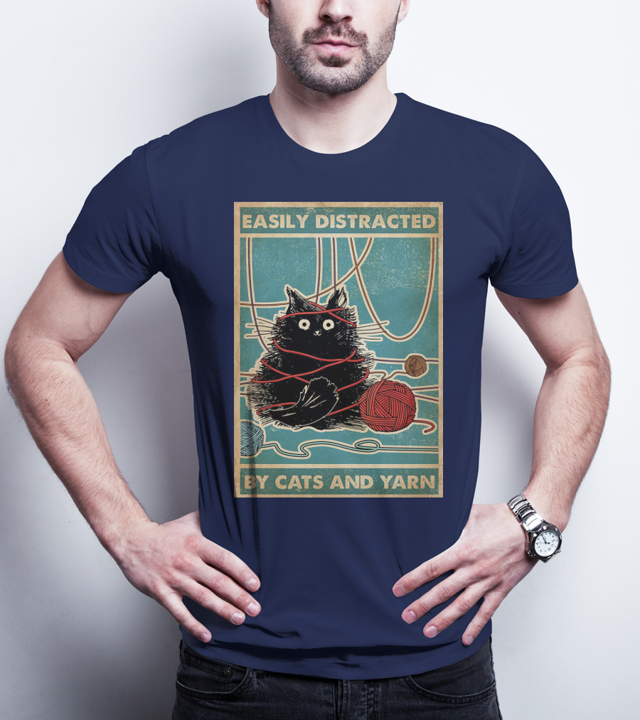 Easily Distracted Black Cat With Red Yarn And Balls Of Yarn T-Shirt