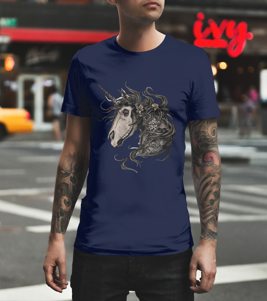 Floral Skull Unicorn Head With Flowers And Dark Mane T-Shirt