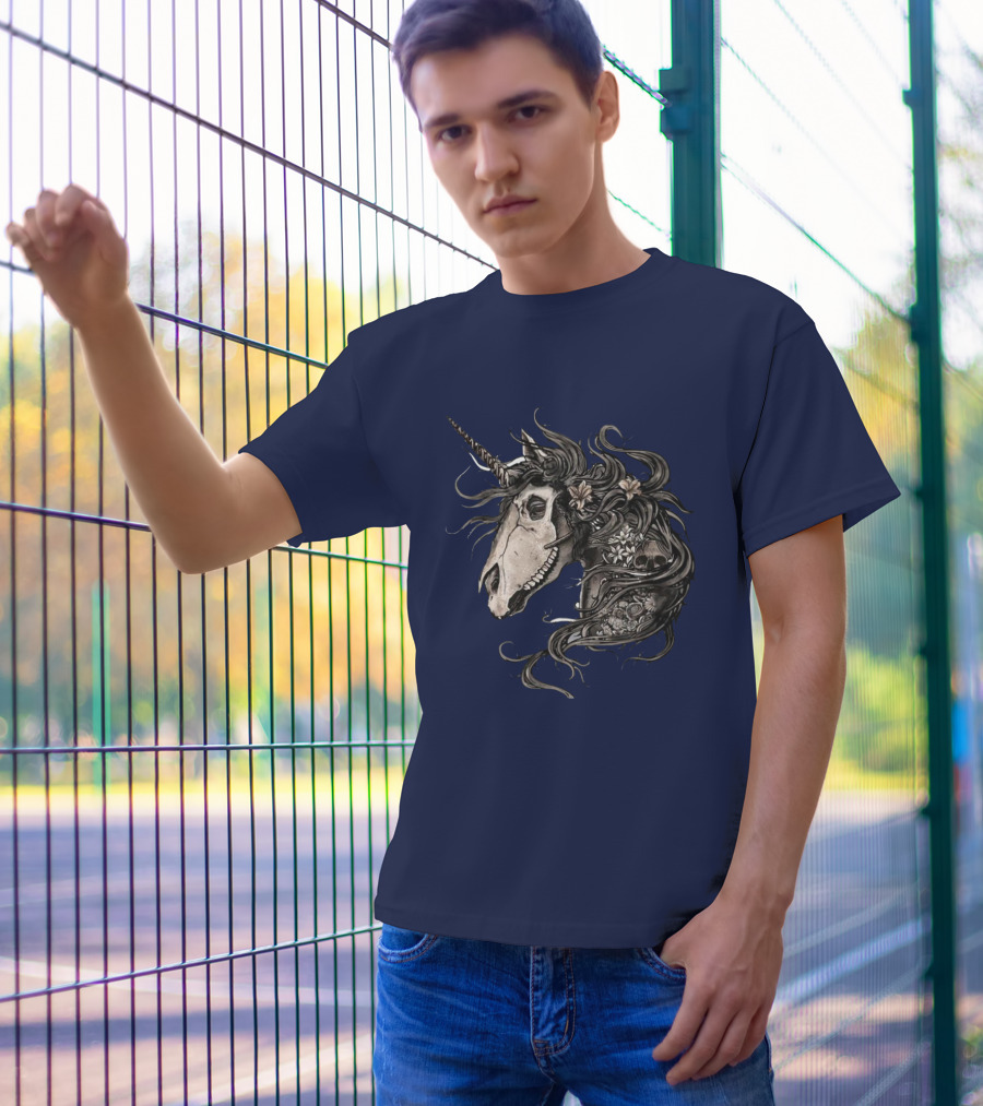 Floral Skull Unicorn Head With Flowers And Dark Mane T-Shirt