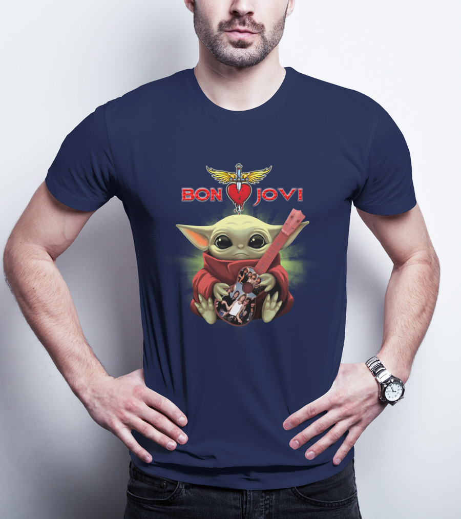 Baby Yoda Holding Guitar With Bon Jovi Heart Dagger T-Shirt