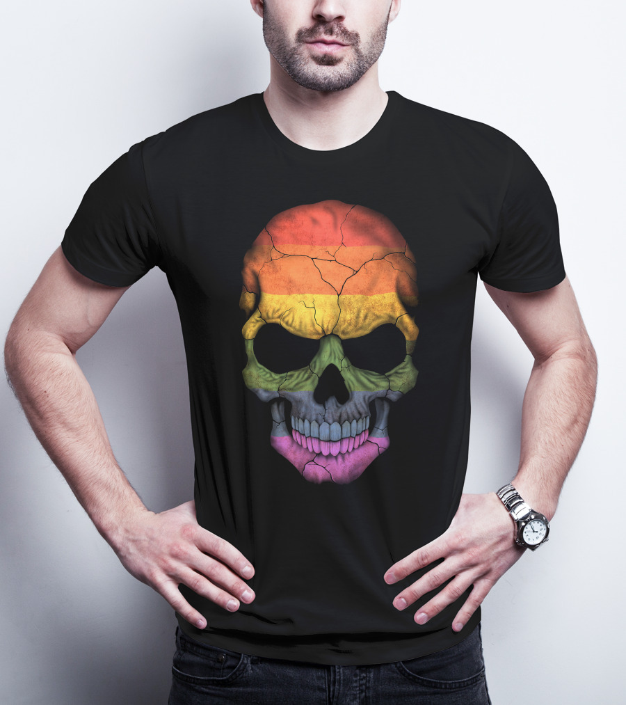 Gay Pride Rainbow Flag Skull Cracked Texture T-Shirt