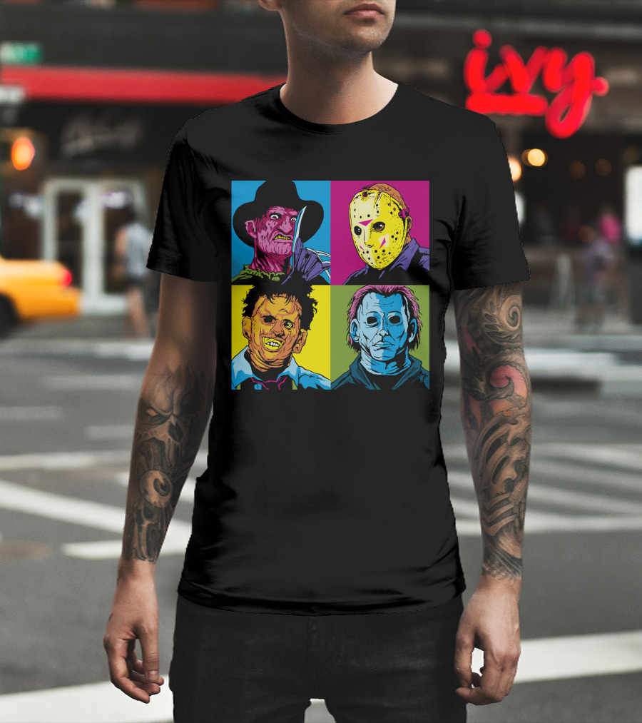 Freddy Jason Leatherface Michael Myers Horror Pop Art 4 Face T-Shirt