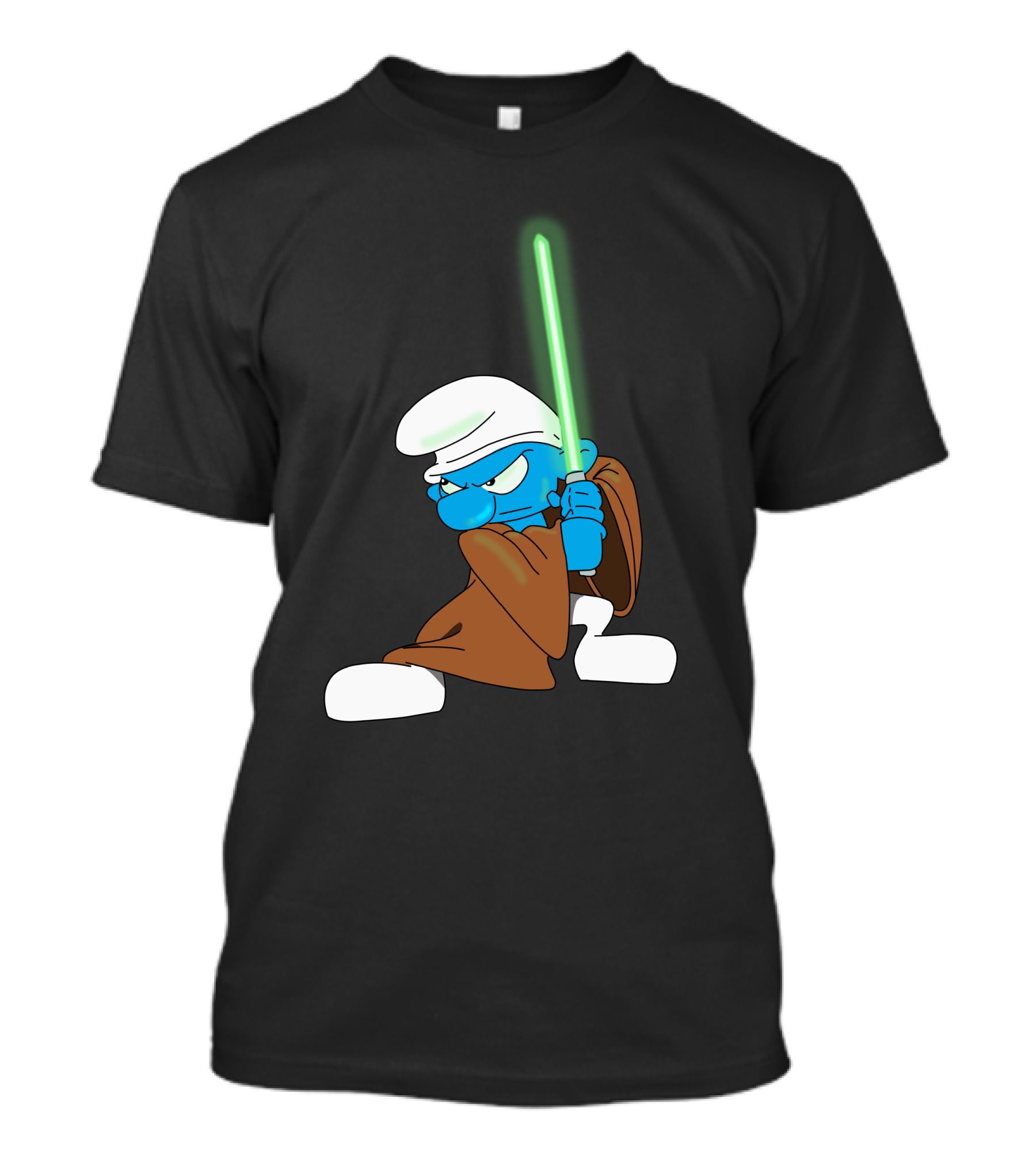 Smurf Jedi With Green Lightsaber In Star Wars-Inspired Crossover T-Shirt