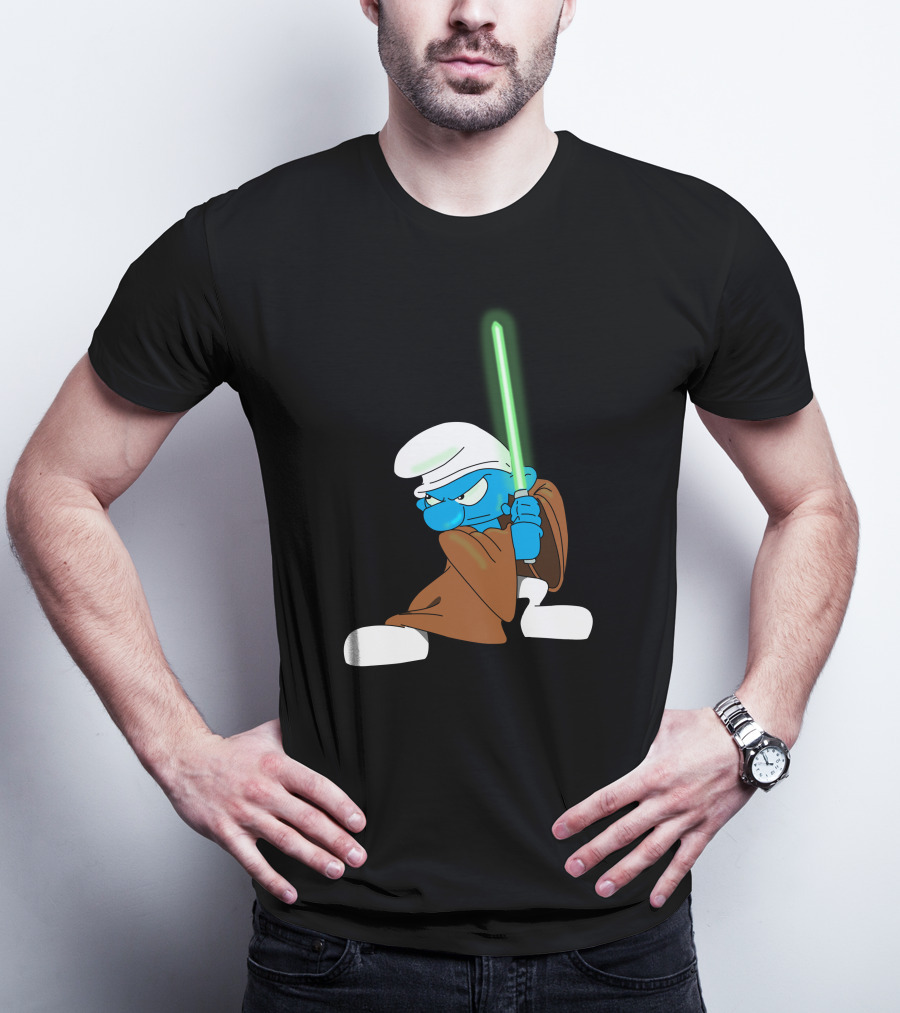 Smurf Jedi With Green Lightsaber In Star Wars-Inspired Crossover T-Shirt