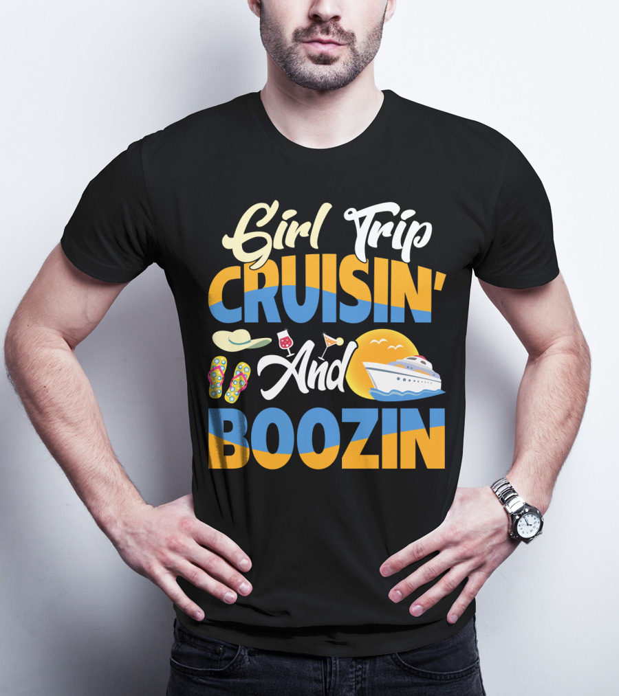 Girl Trip Cruisin' And Boozin' With Flip-Flops, Sun Hat, Drinks, And Cruise Ship Sunset T-Shirt