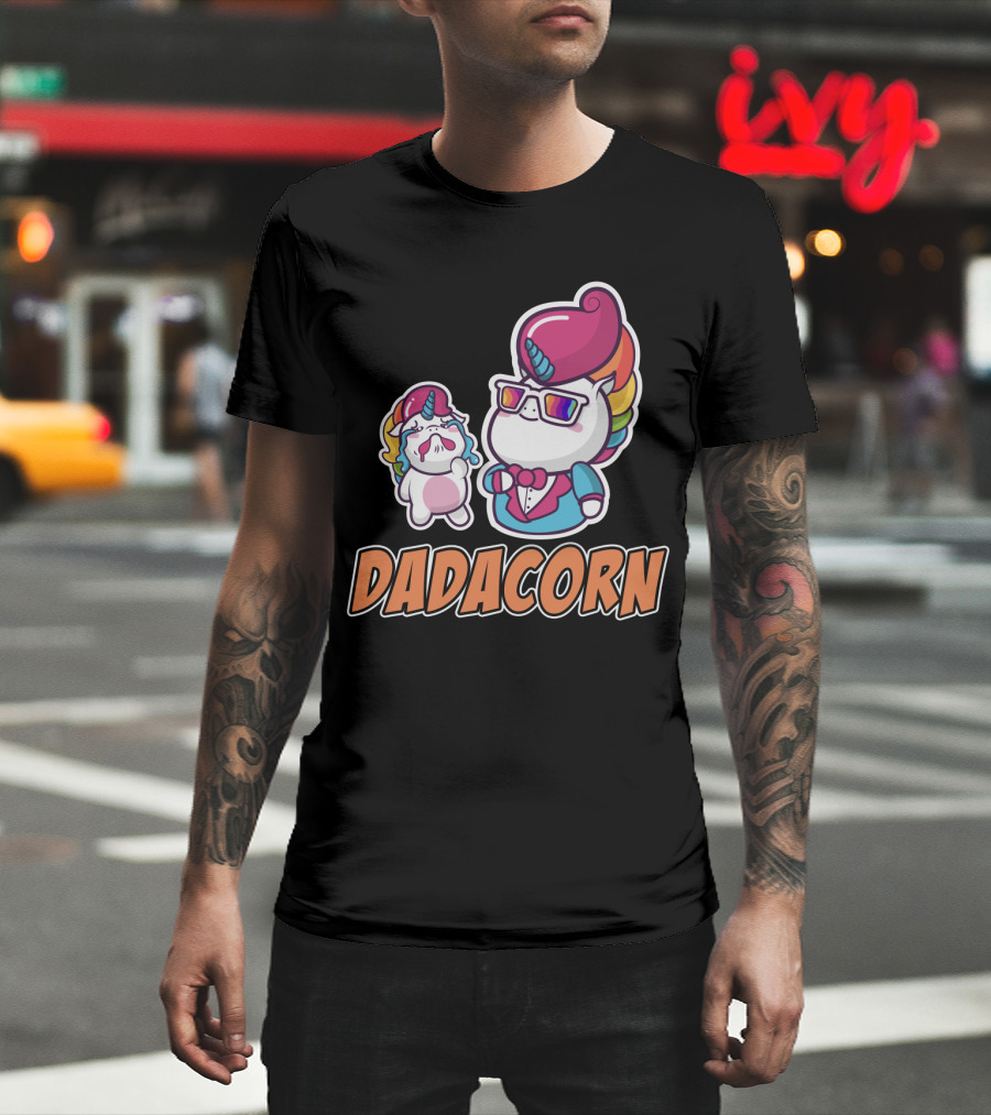 Dadacorn Unicorn Dad And Baby With Rainbow Outfits And Sunglasses T-Shirt
