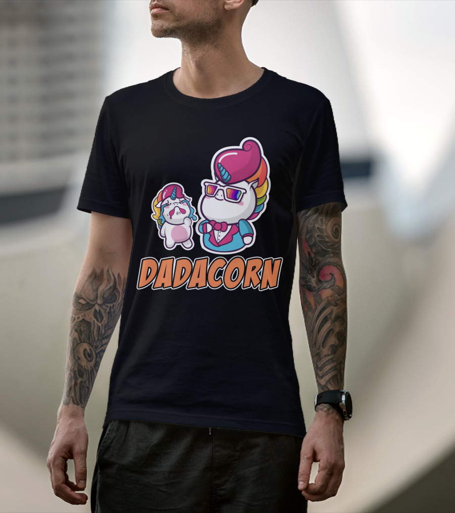 Dadacorn Unicorn Dad And Baby With Rainbow Outfits And Sunglasses T-Shirt