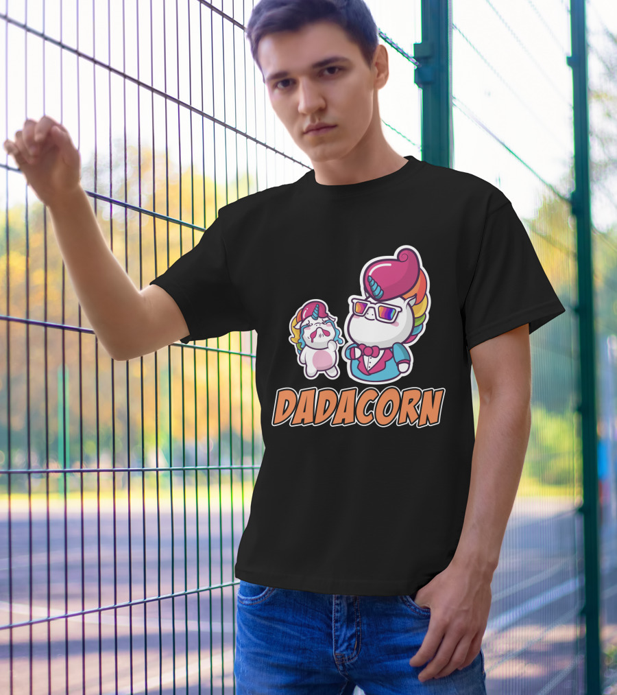 Dadacorn Unicorn Dad And Baby With Rainbow Outfits And Sunglasses T-Shirt