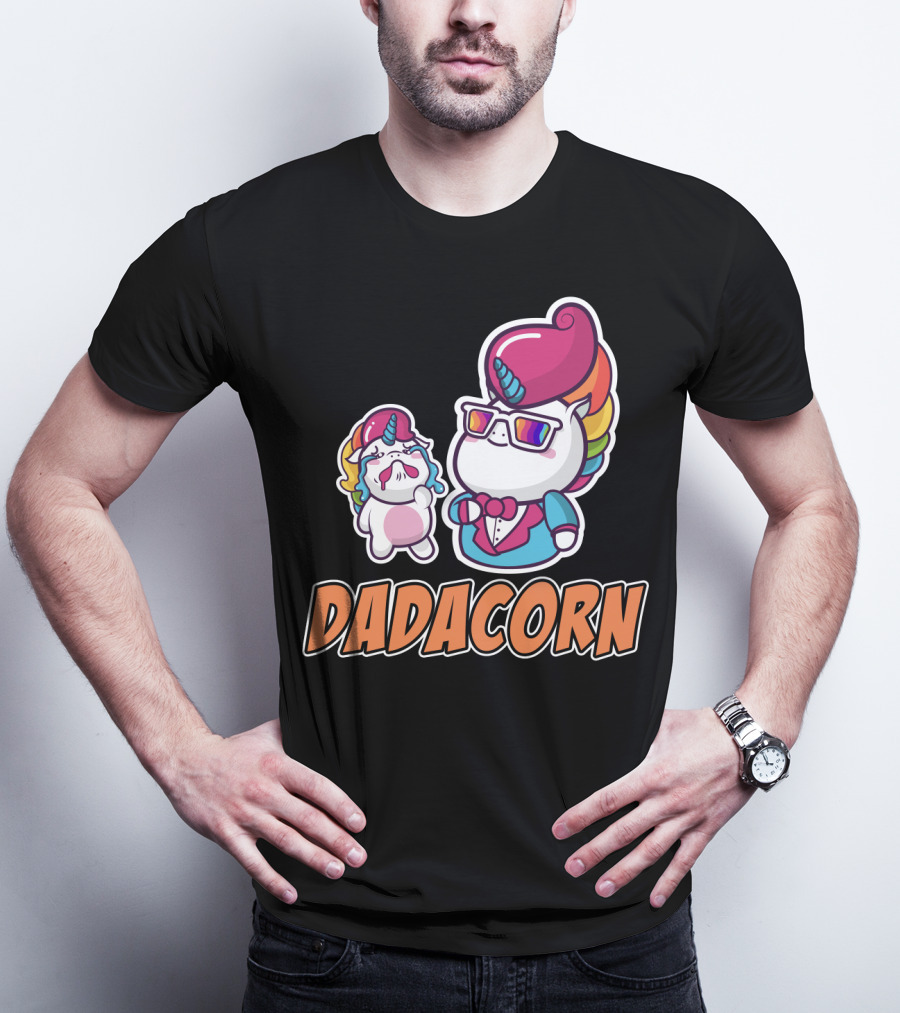 Dadacorn Unicorn Dad And Baby With Rainbow Outfits And Sunglasses T-Shirt