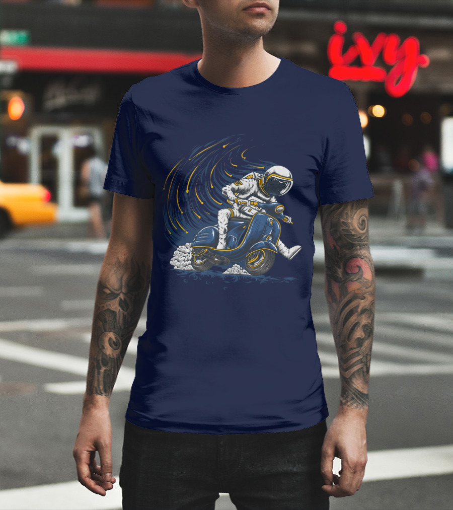 Astronaut In Spacesuit Joyfully Riding Vespa Scooter With Meteor Shower T-Shirt
