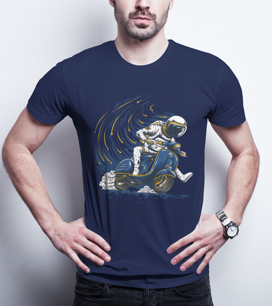 Astronaut In Spacesuit Joyfully Riding Vespa Scooter With Meteor Shower T-Shirt