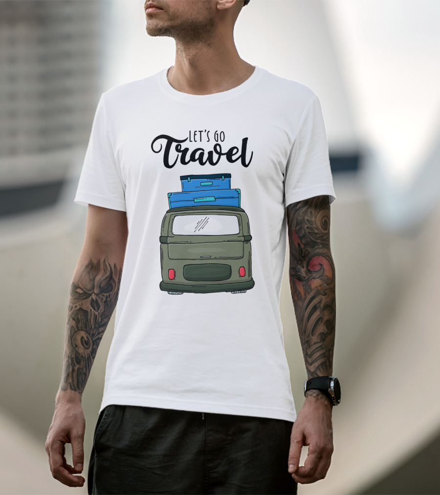 Let's Go Travel With Retro Van And Luggage Stack T-Shirt