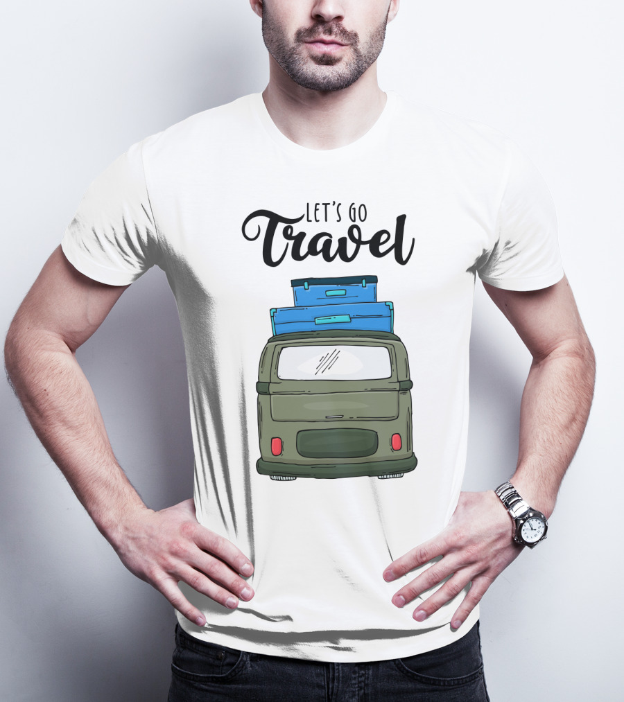 Let's Go Travel With Retro Van And Luggage Stack T-Shirt