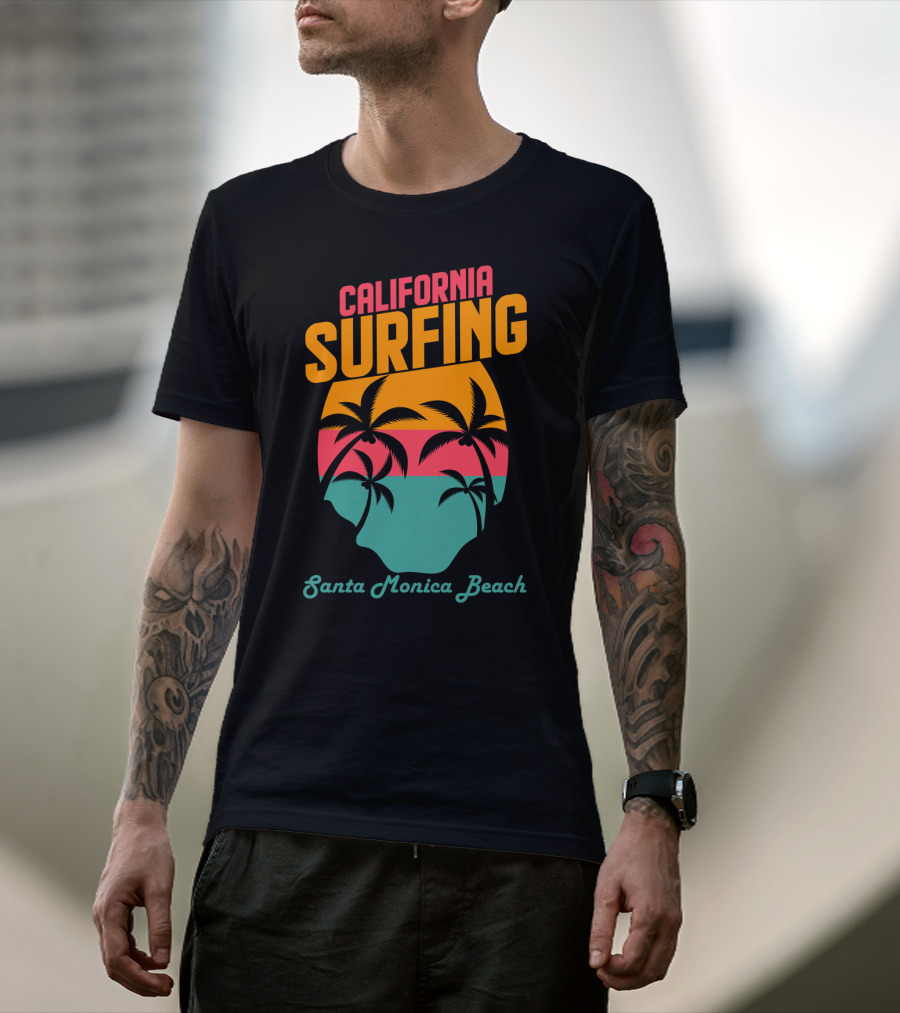 California Surfing Santa Monica Beach Sunset Palm Trees T-Shirt