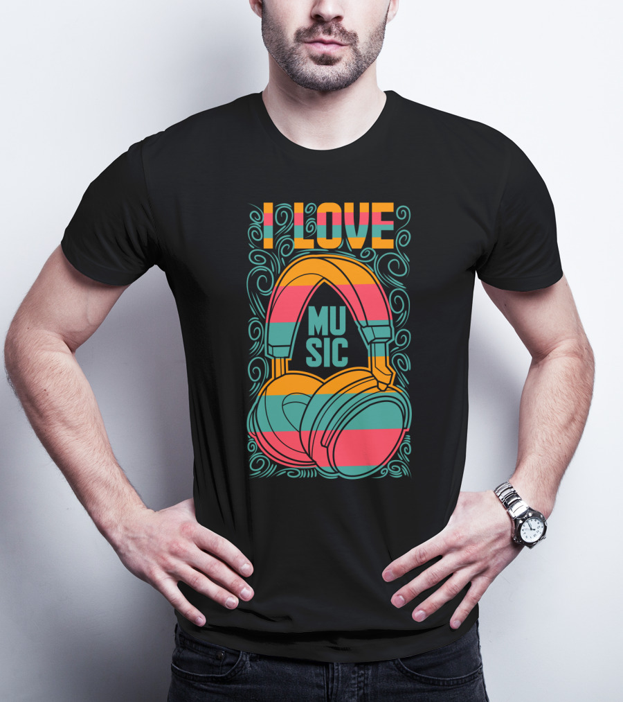 I Love Music Vibrant Headphones Pattern With Swirling Design Elements T-Shirt