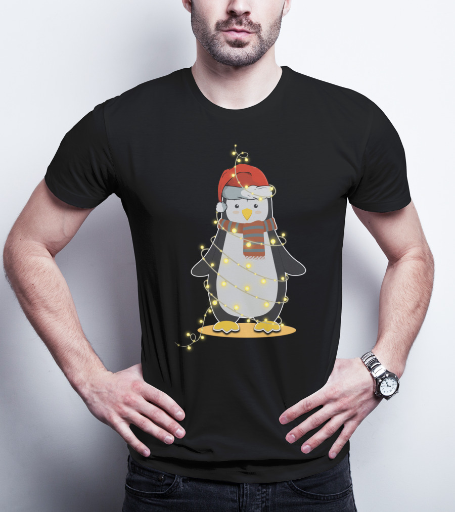 Penguin Wrapped In Christmas Lights With Santa Hat And Scarf T-Shirt