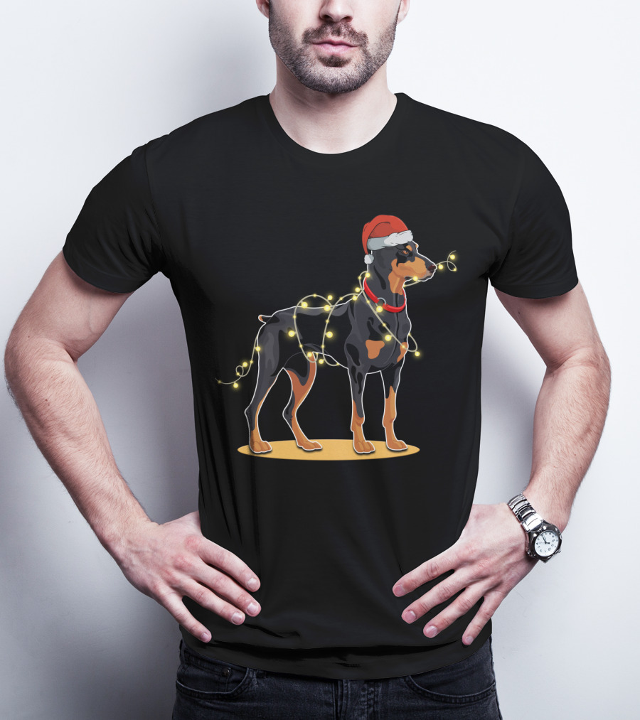 Doberman Wearing Santa Hat With Christmas Lights T-Shirt