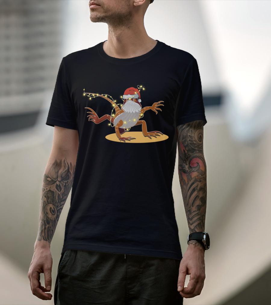 Santa Hat Bearded Dragon Wrapped In Christmas Lights T-Shirt