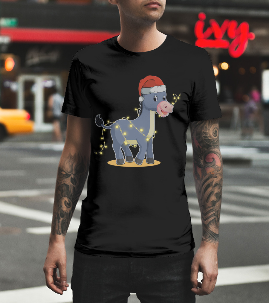 Christmas Lights Donkey With Santa Hat Holiday T-Shirt