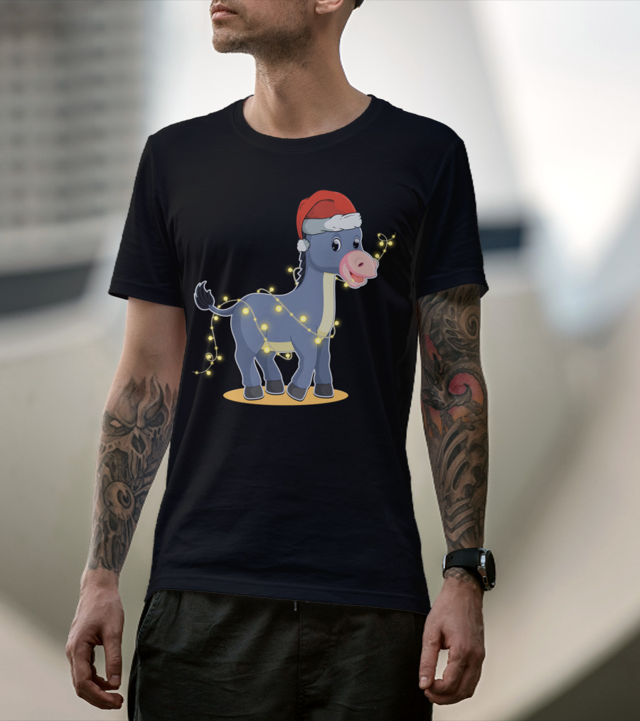 Christmas Lights Donkey With Santa Hat Holiday T-Shirt