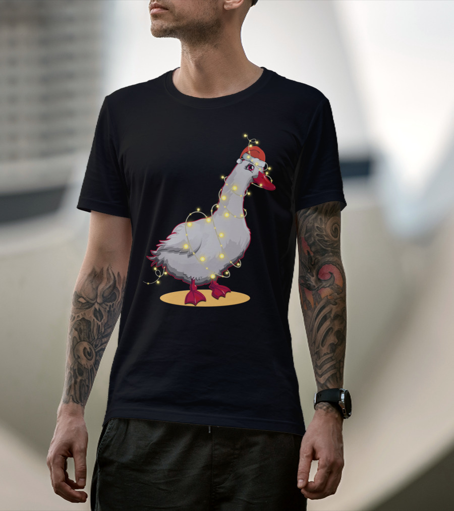 Christmas Lights Duck Wrapped In Festive String With Santa Hat T-Shirt