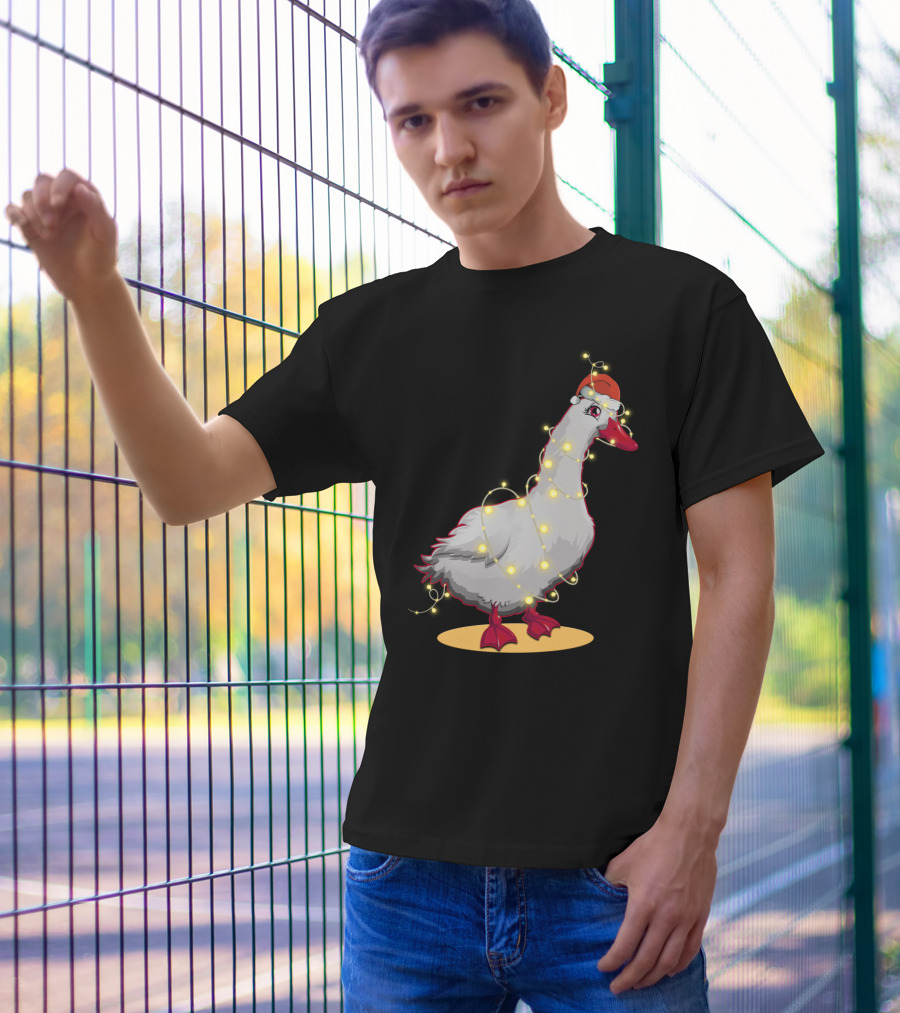 Christmas Lights Duck Wrapped In Festive String With Santa Hat T-Shirt