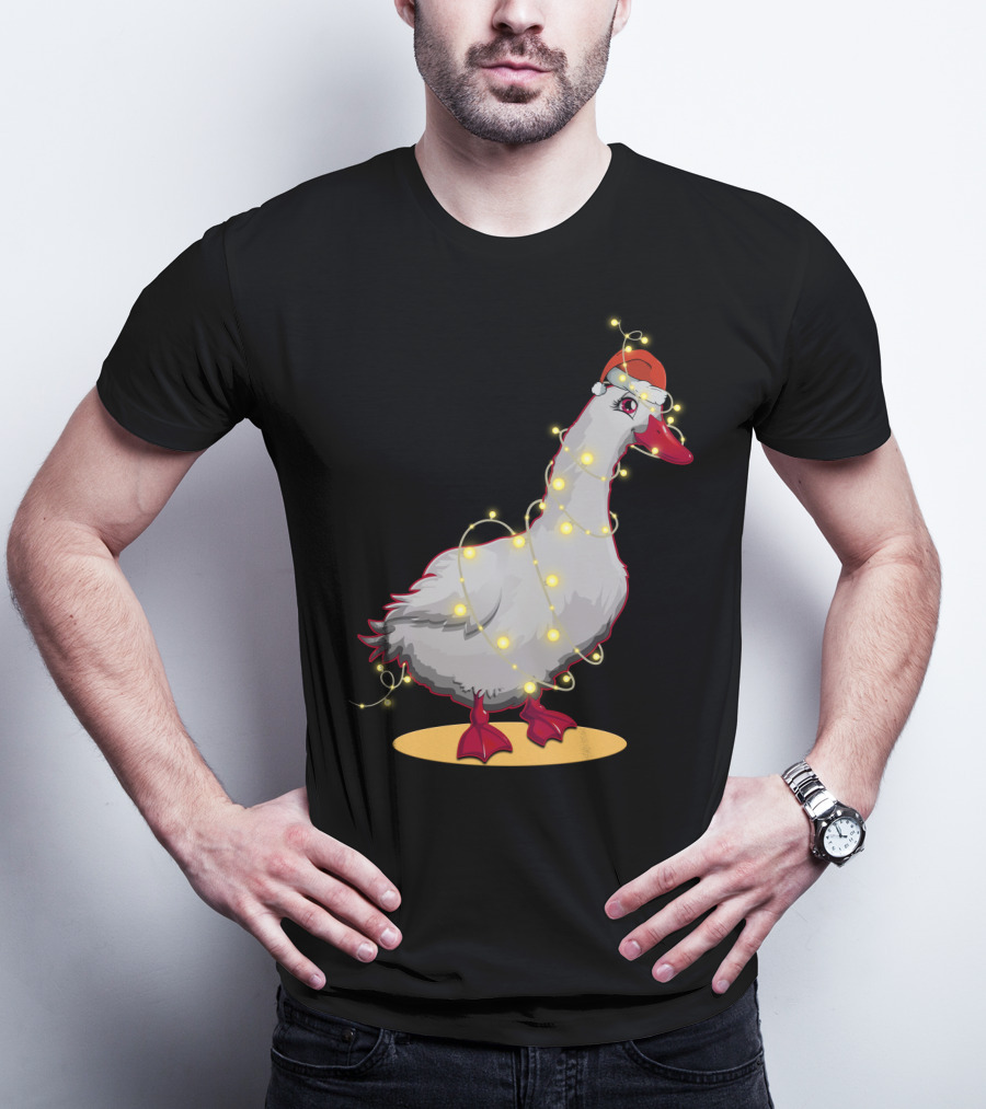Christmas Lights Duck Wrapped In Festive String With Santa Hat T-Shirt