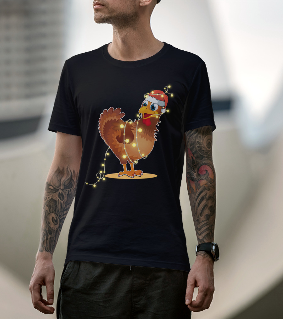 Santa Hat Chicken Wrapped In Christmas String Lights T-Shirt