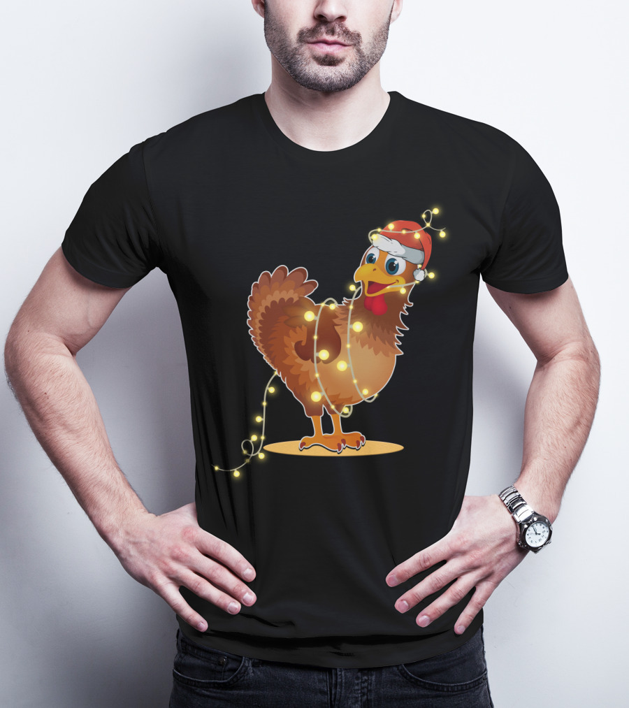 Santa Hat Chicken Wrapped In Christmas String Lights T-Shirt