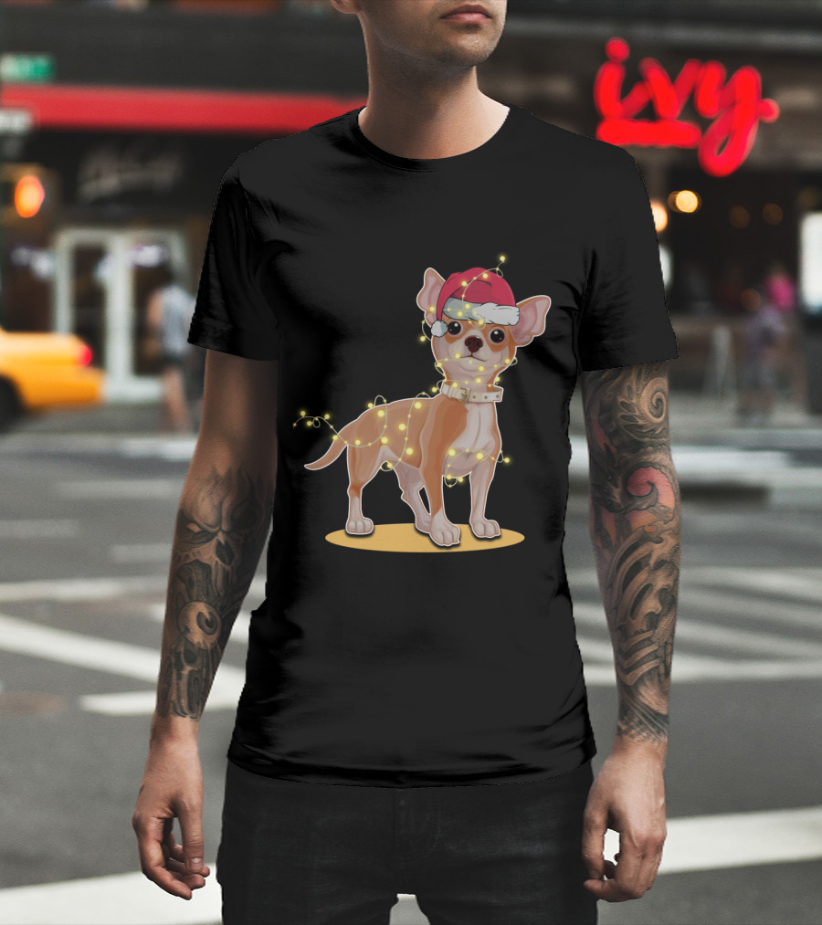 Chihuahua Wrapped In Festive Christmas Lights Wearing Santa Hat T-Shirt
