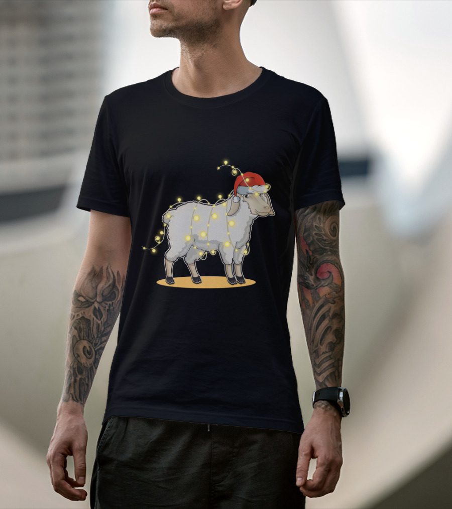 Sheep Wrapped In Christmas Lights With Santa Hat Holiday Decor T-Shirt