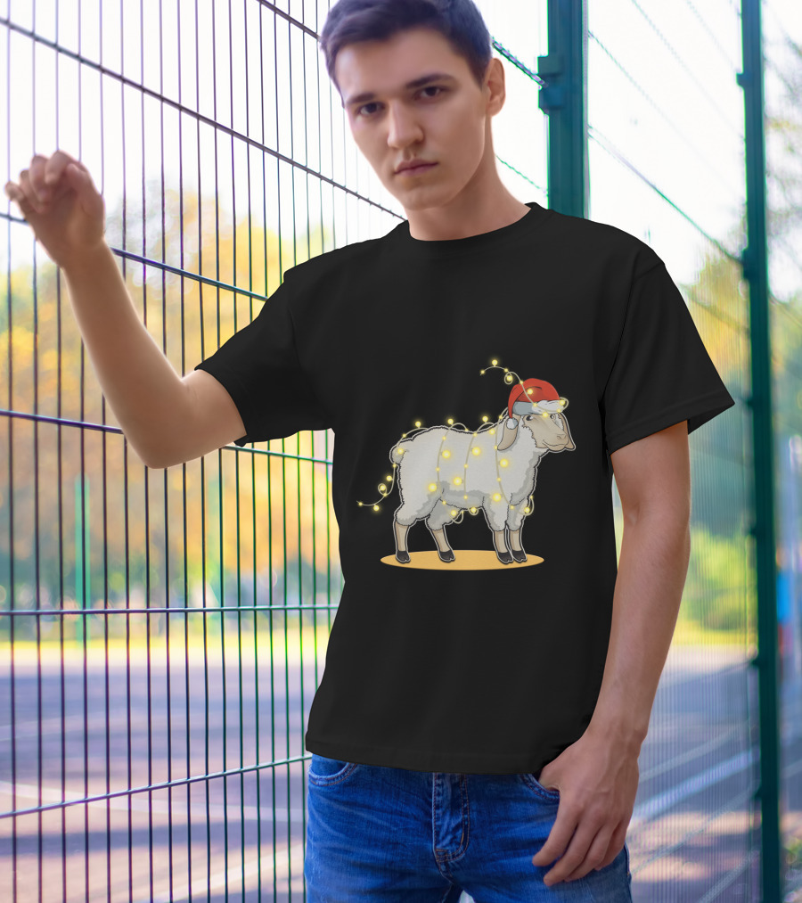 Sheep Wrapped In Christmas Lights With Santa Hat Holiday Decor T-Shirt
